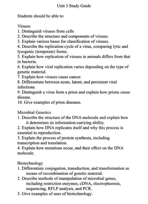 Solved Unit 3 Study Guide Students should be able to: | Chegg.com