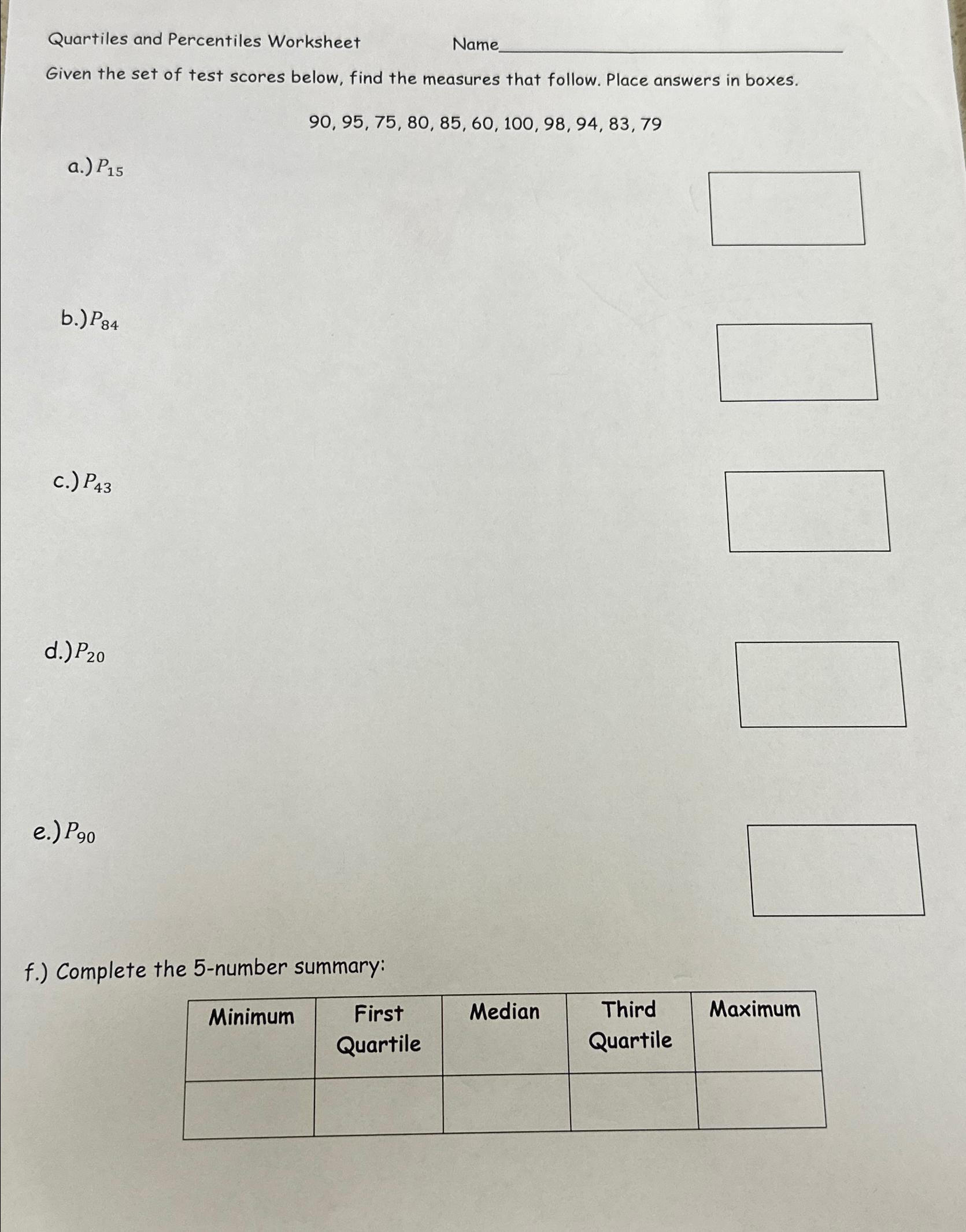 Solved Quartiles and Percentiles WorksheetNarGiven the set | Chegg.com
