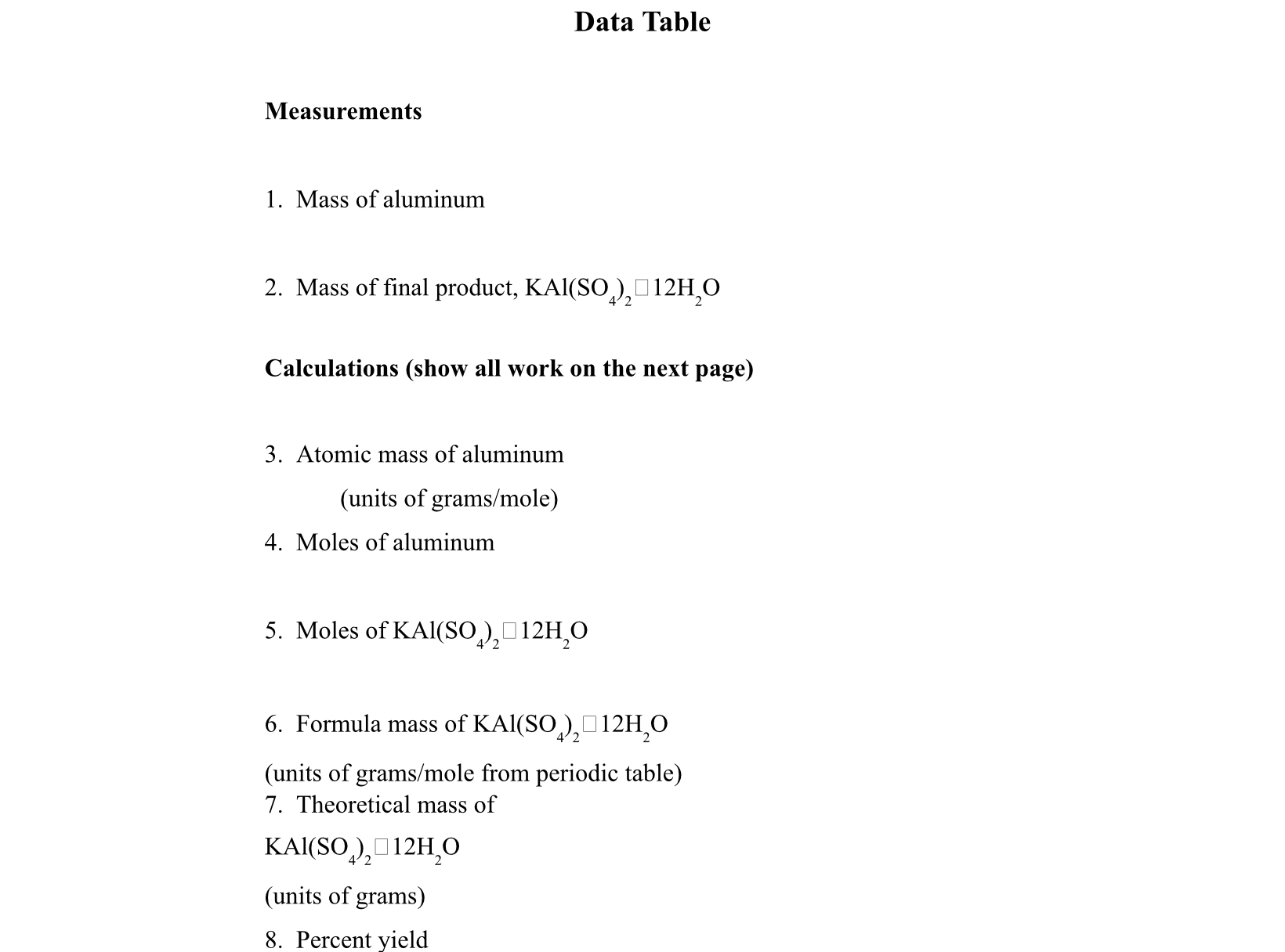 Solved Data TableMeasurementsMass of aluminumMass of final | Chegg.com