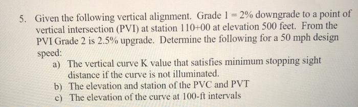 Solved 5. Given the following vertical alignment. Grade 1 = | Chegg.com