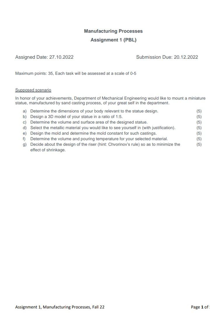 Solved Manufacturing Processes Assignment 1 (PBL) Assigned | Chegg.com