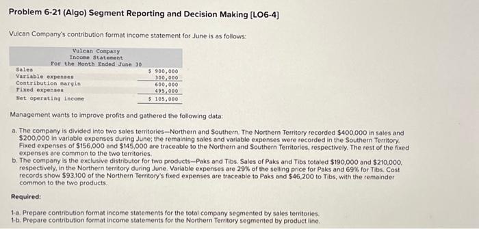 Solved Problem 6-21 (Algo) Segment Reporting and Decision | Chegg.com