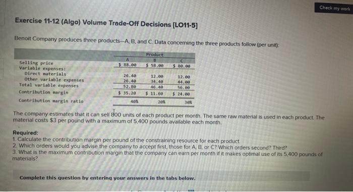Solved Exercise 11-4 (Algo) Special Order Decision [LO11-4] | Chegg.com