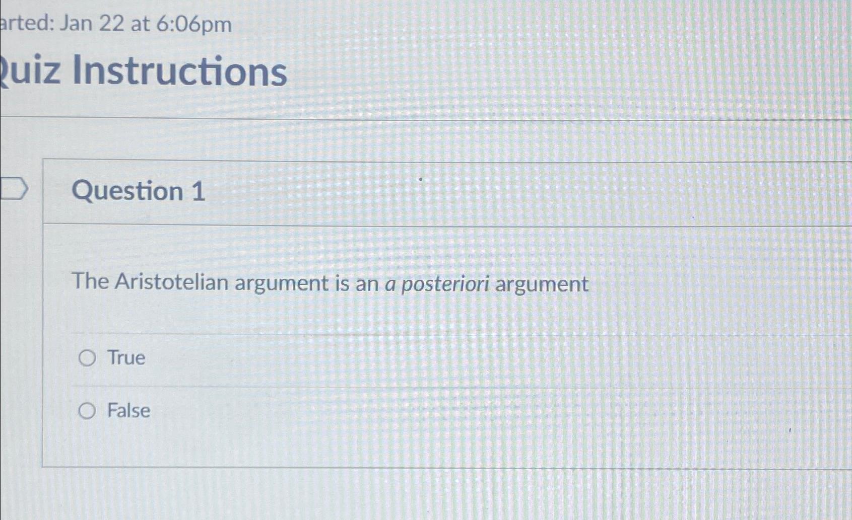 Solved arted: Jan 22 ﻿at 6:06pmuiz InstructionsQuestion 1The | Chegg.com