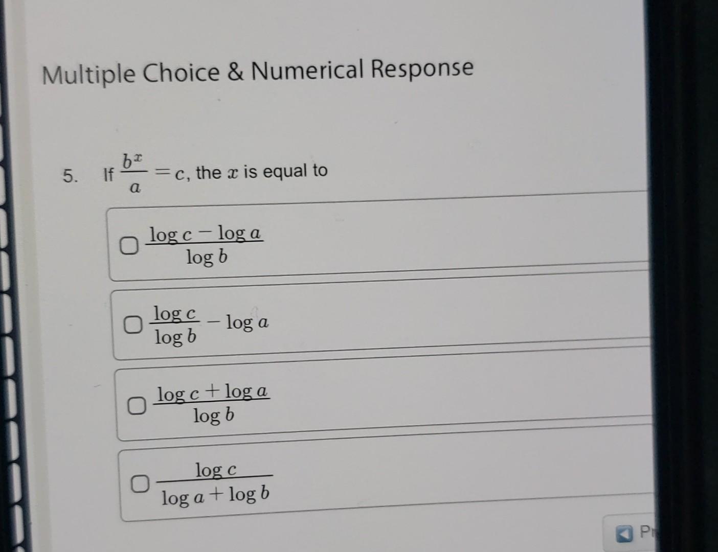 Solved Multiple Choice \& Numerical Response 5. If abx=c, | Chegg.com