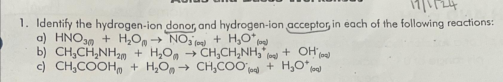 Solved Identify the hydrogen-ion donor, and hydrogen-ion | Chegg.com