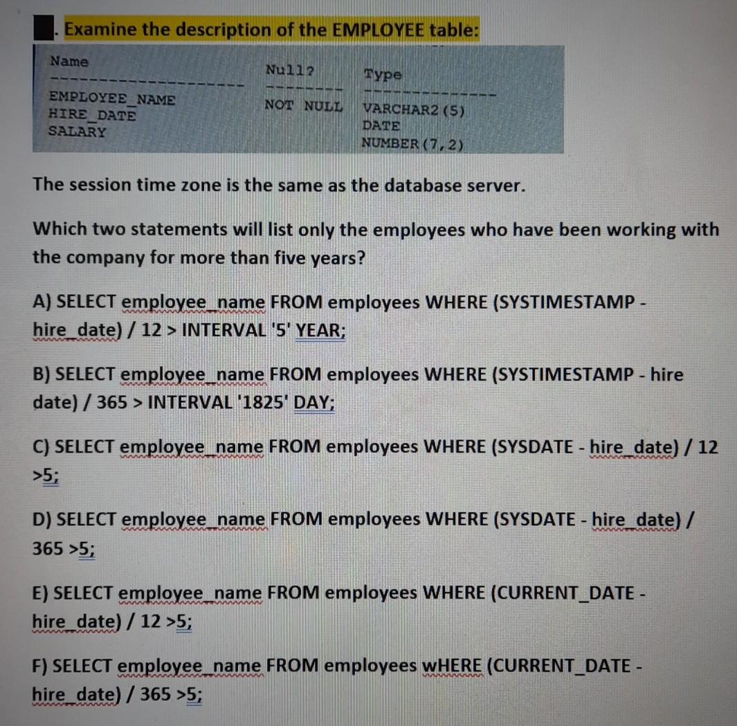 Solved Examine the description of the EMPLOYEE table: Name | Chegg.com