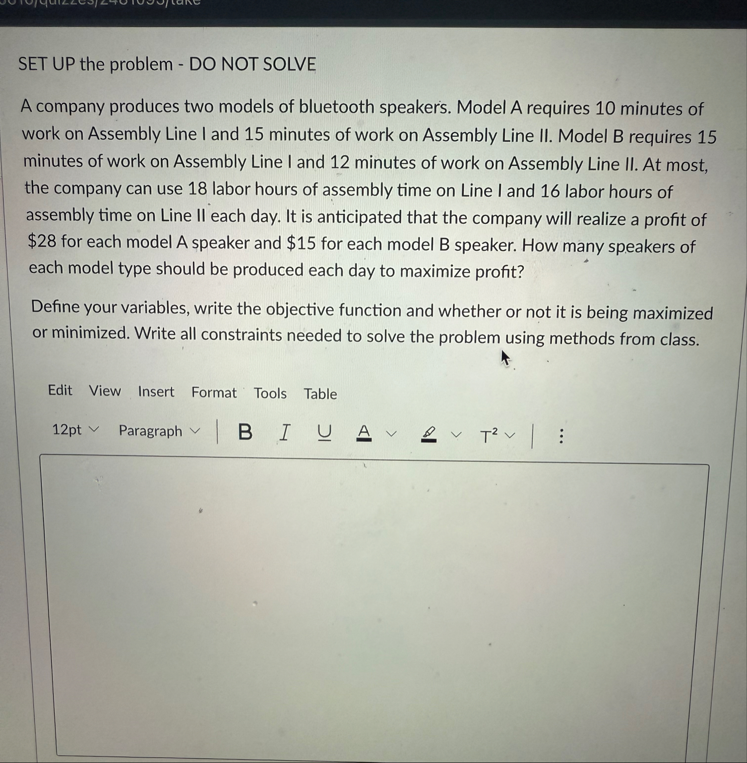 Solved SET UP the problem - ﻿DO NOT SOLVEA company produces | Chegg.com