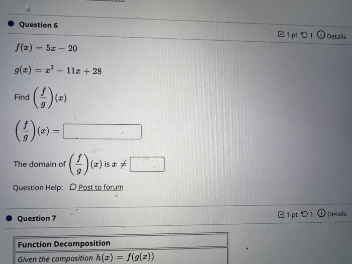 Solved Question 6 f(x)=5x−20g(x)=x2−11x+28 Find (gf)(x) | Chegg.com