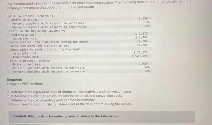 Solved Easy incorporated uses the FIFO method in its process | Chegg.com