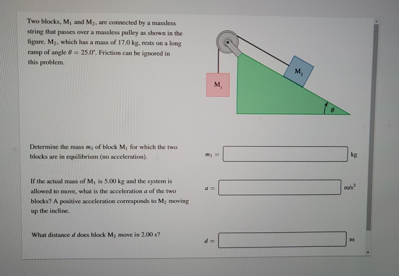 Solved Two blocks, M, and M2, are connected by a massless | Chegg.com