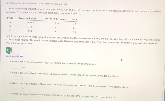 Solved Excel Online Structured Activity: CAPM, portfolio | Chegg.com