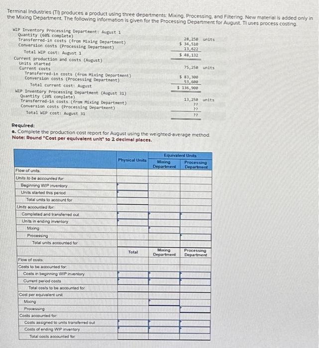 Solved Terminal Industries (T) produces a product using | Chegg.com
