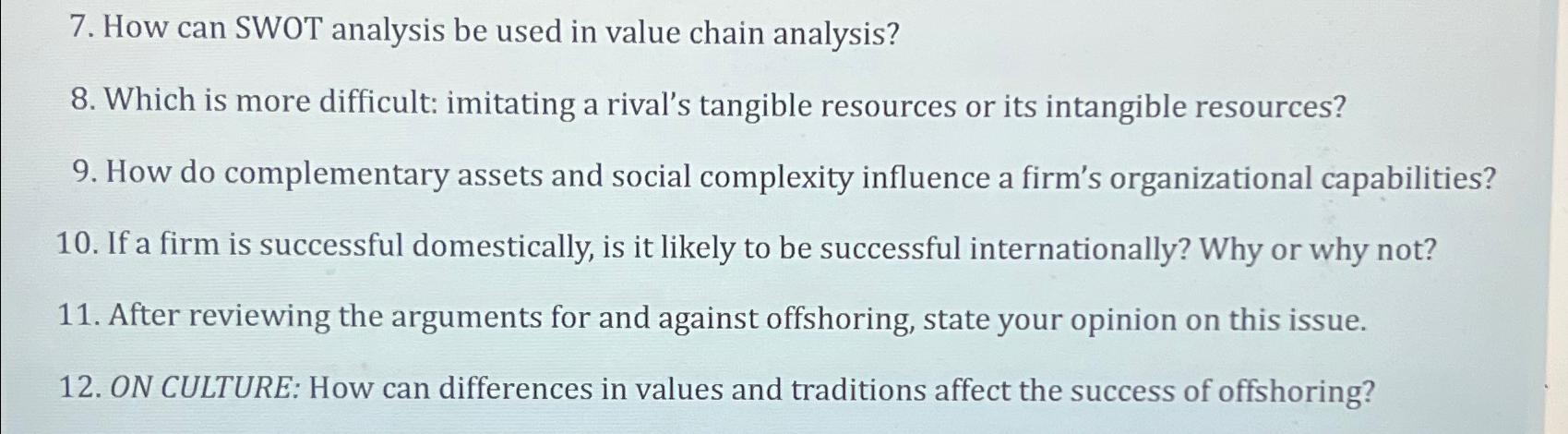 Solved How can SWOT analysis be used in value chain | Chegg.com