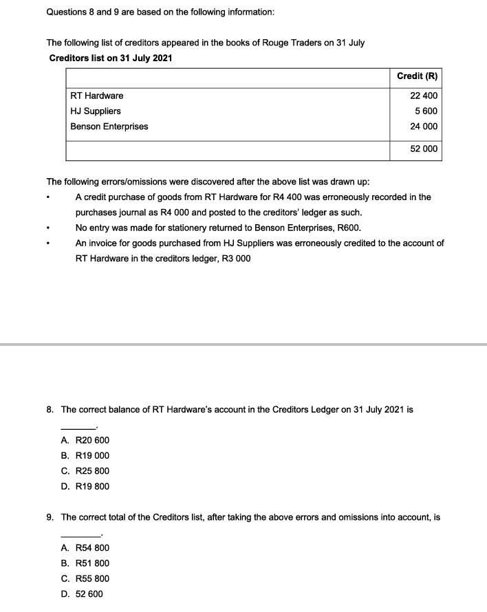 Solved Questions 8 and 9 are based on the following | Chegg.com