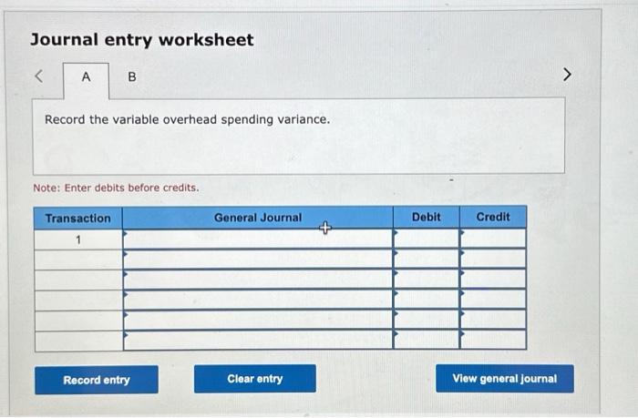 Journal entry worksheet Record the variable overhead | Chegg.com