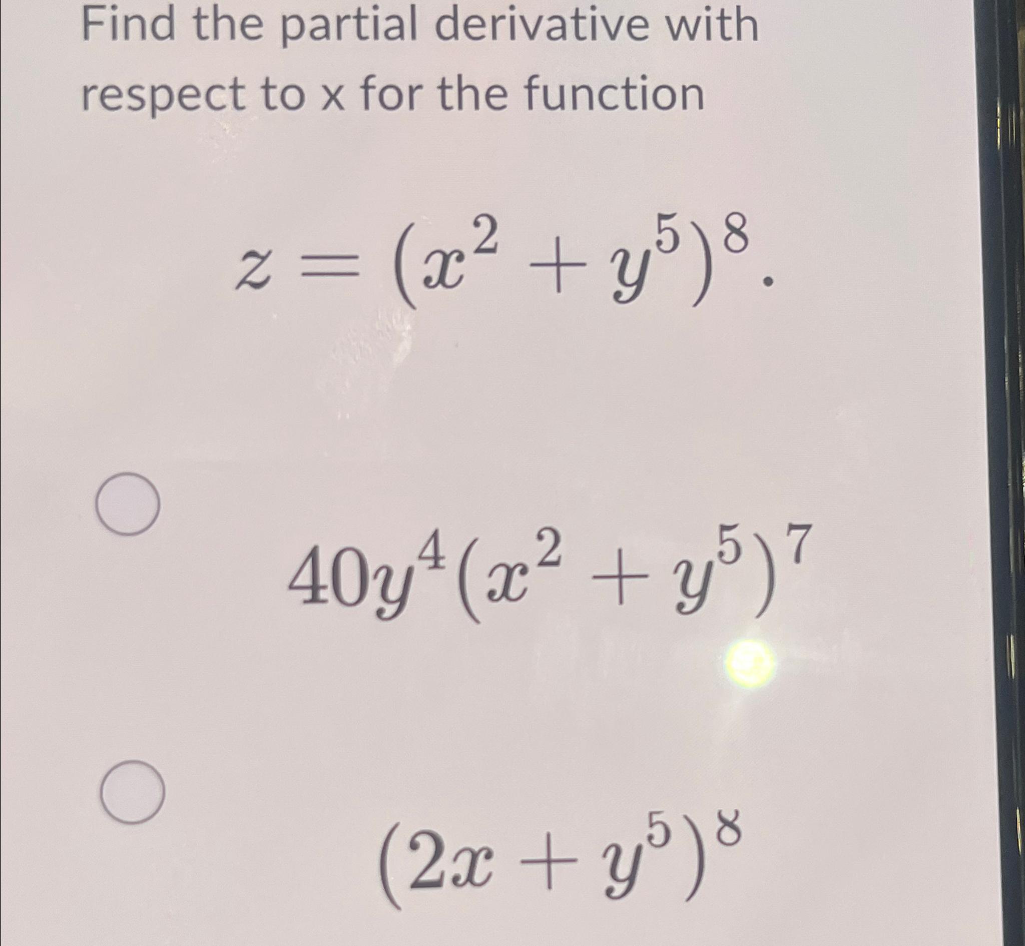 Solved Find the partial derivative with respect to x ﻿for | Chegg.com