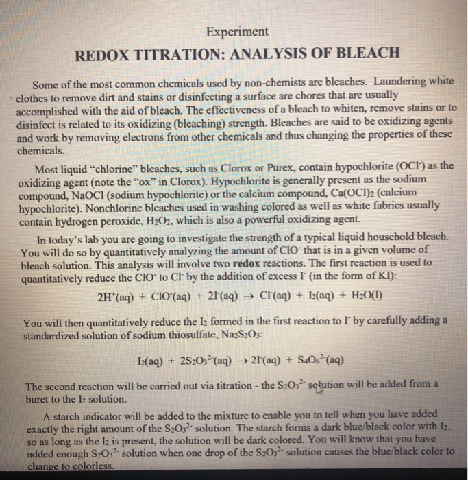 Solved Experiment REDOX TITRATION: ANALYSIS OF BLEACH Some | Chegg.com