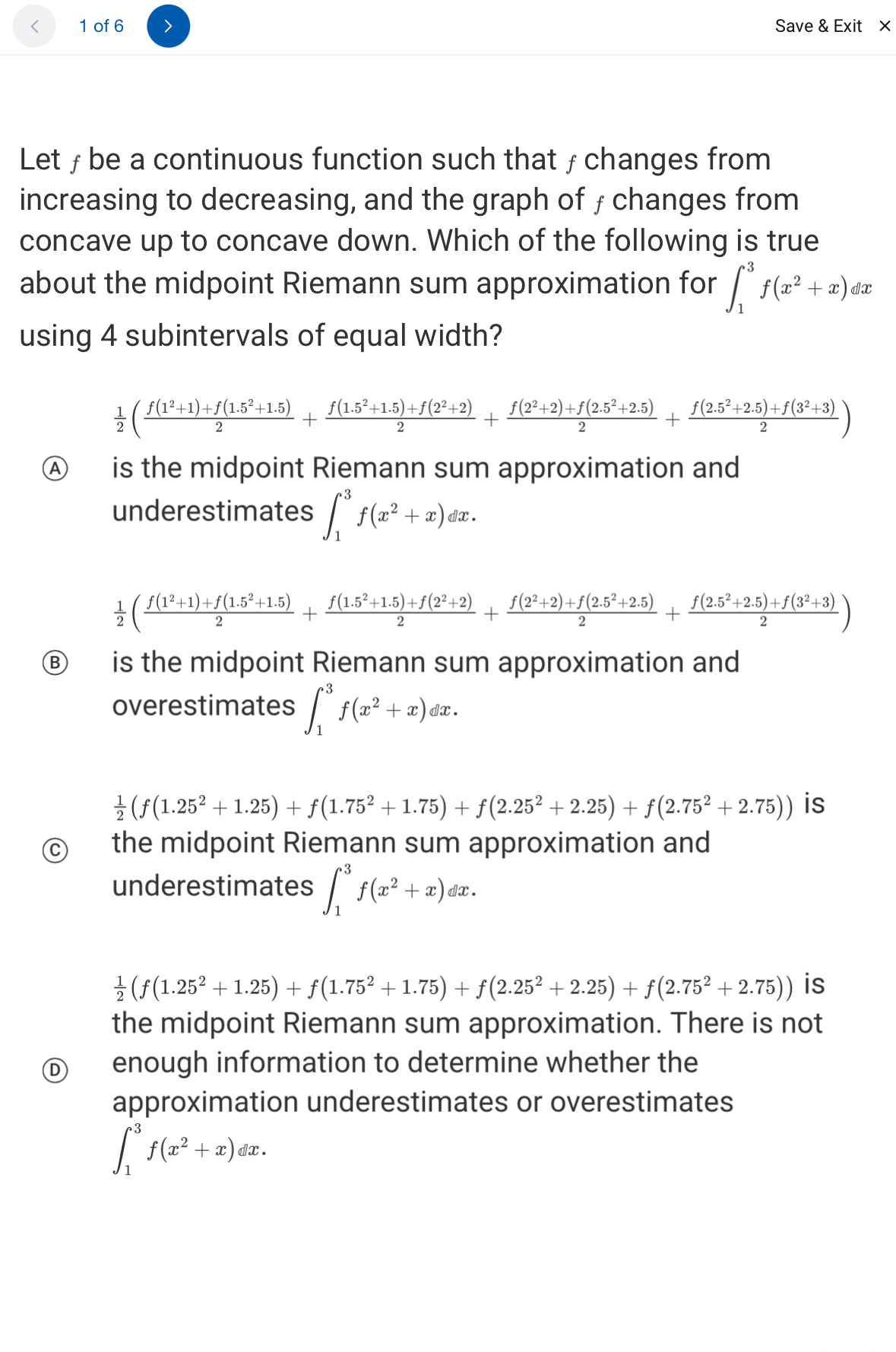 Solved 1 ﻿of 6Save & ExitLet f ﻿be a continuous function | Chegg.com