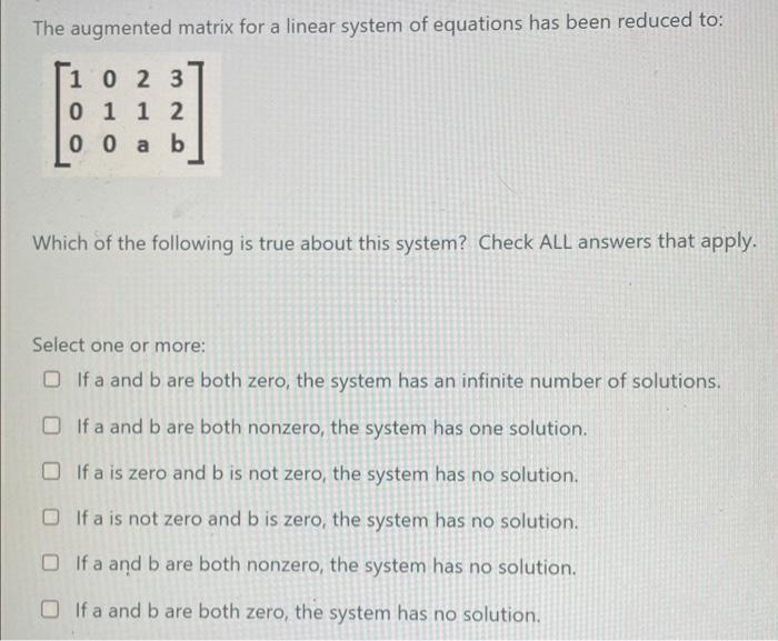 Solved The augmented matrix for a linear system of equations | Chegg.com | Chegg.com