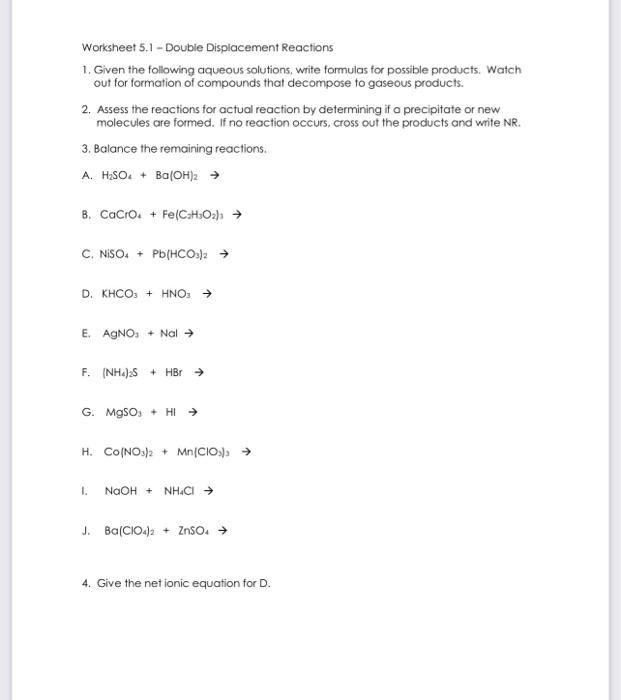 Solved Worksheet 5.1 - Double Displacement Reactions 1. | Chegg.com