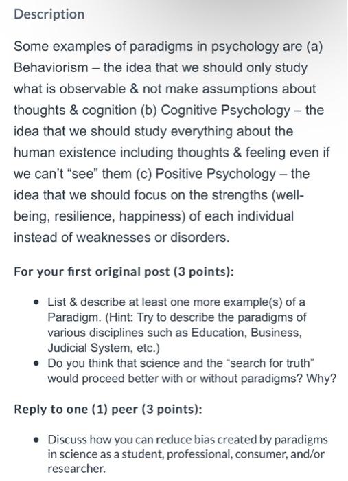 Solved Description Some examples of paradigms in psychology | Chegg.com