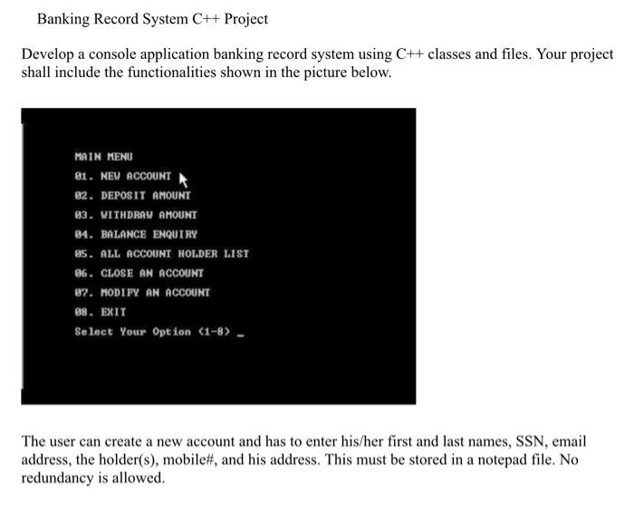 Solved Banking Record System C++ Project Develop a console | Chegg.com