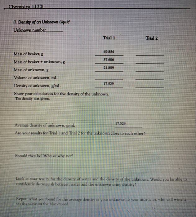Solved Chemistry 1 201 11. Density of an Unknown Liquid | Chegg.com
