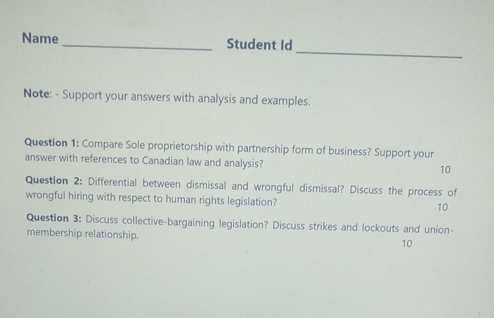 Name Student Id Note: - Support your answers with | Chegg.com