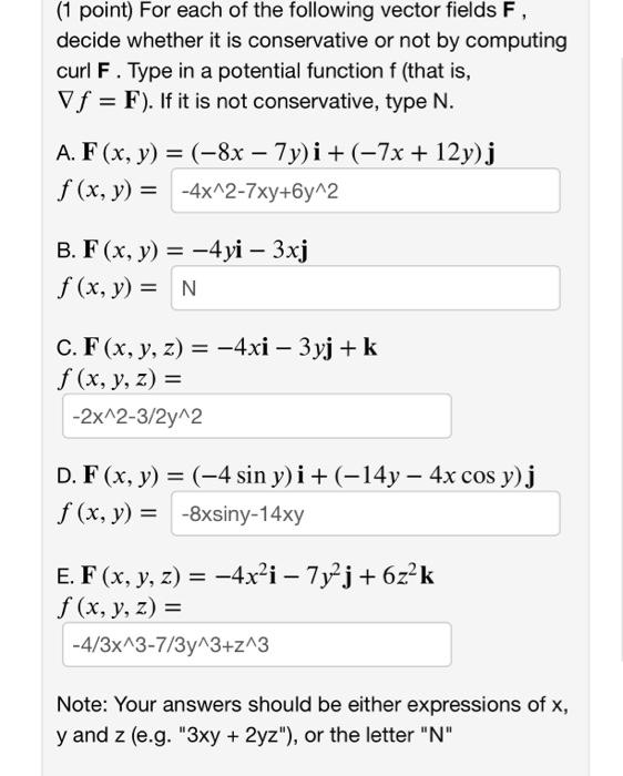 Solved (1 point) For each of the following vector fields F, | Chegg.com