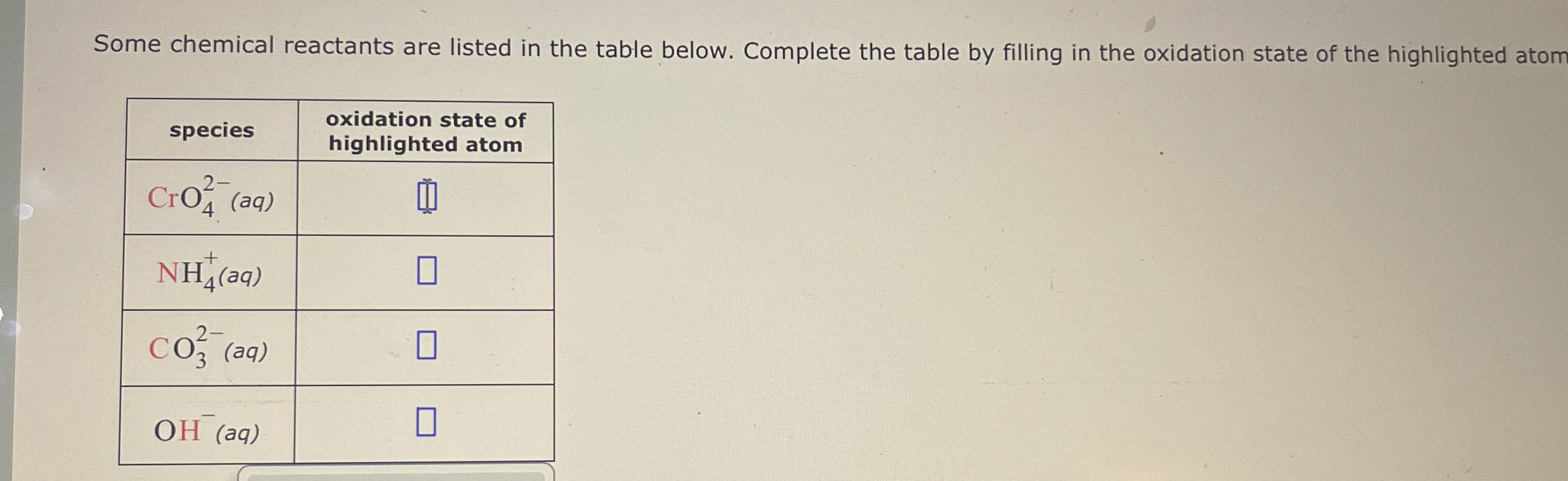 Solved Some chemical reactants are listed in the table | Chegg.com