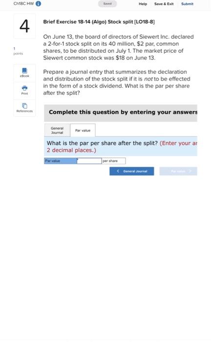 Solved 4 points eBook Print References Brief Exercise 18-14 | Chegg.com