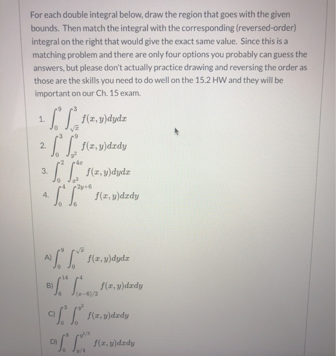 Solved For each double integral below, draw the region that | Chegg.com