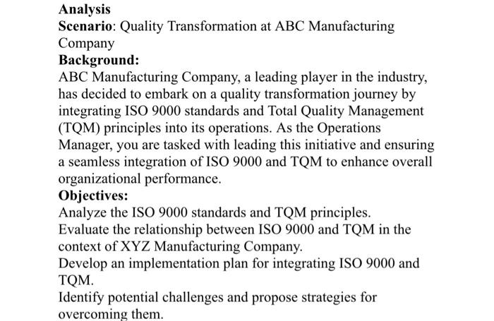 Solved Analysis Scenario: Quality Transformation at ABC | Chegg.com