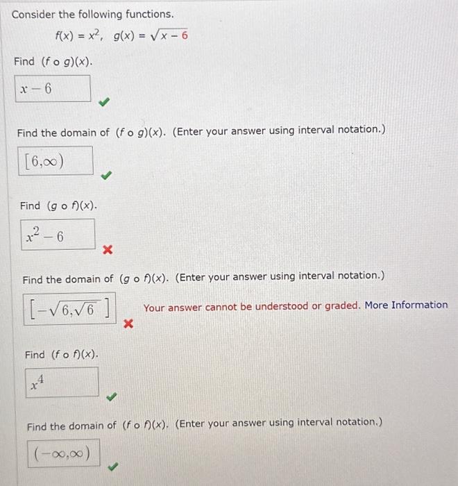 Solved Consider the following functions. f(x)=x2,g(x)=x−6 | Chegg.com