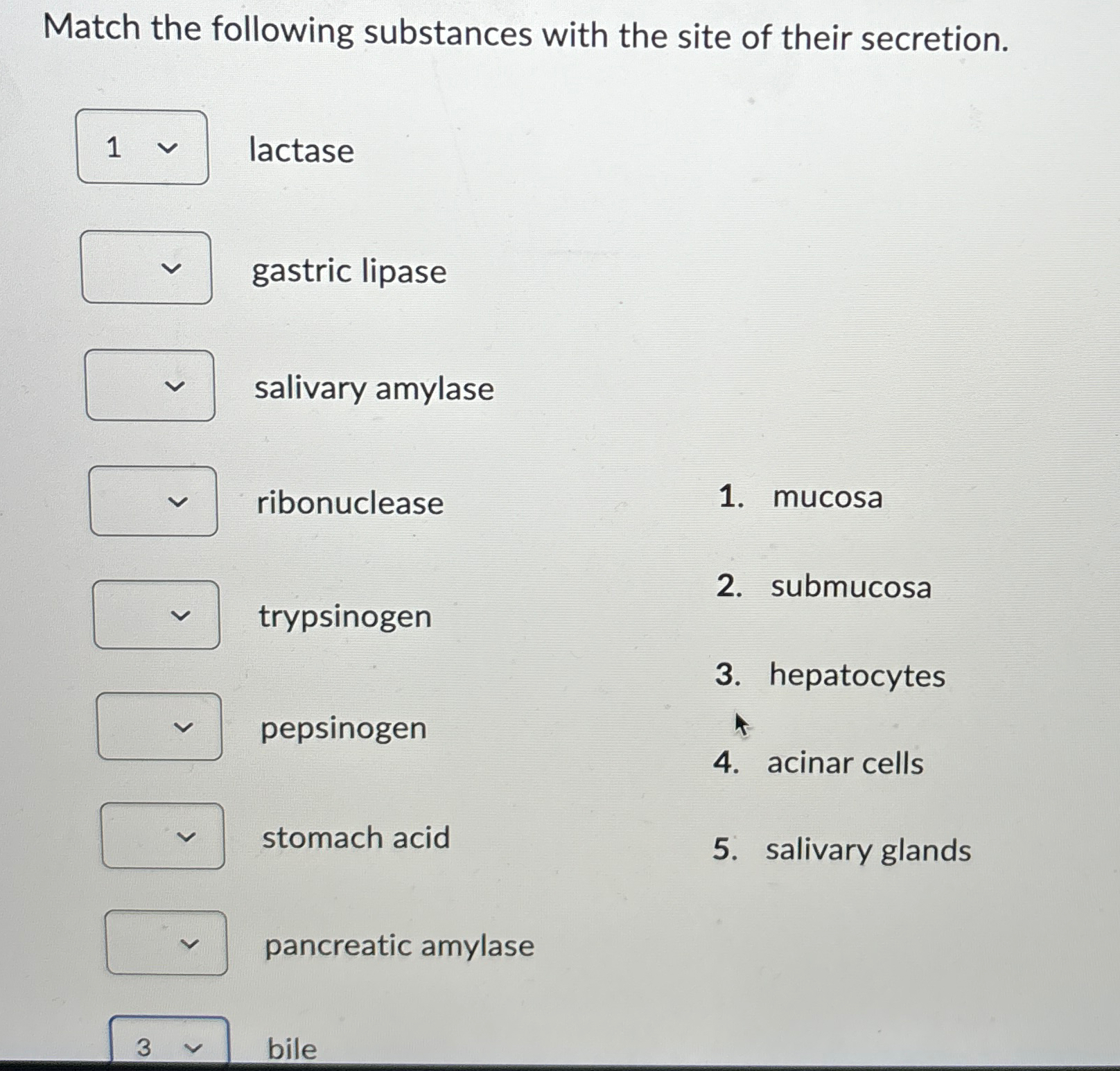 Solved Match the following substances with the site of their | Chegg.com