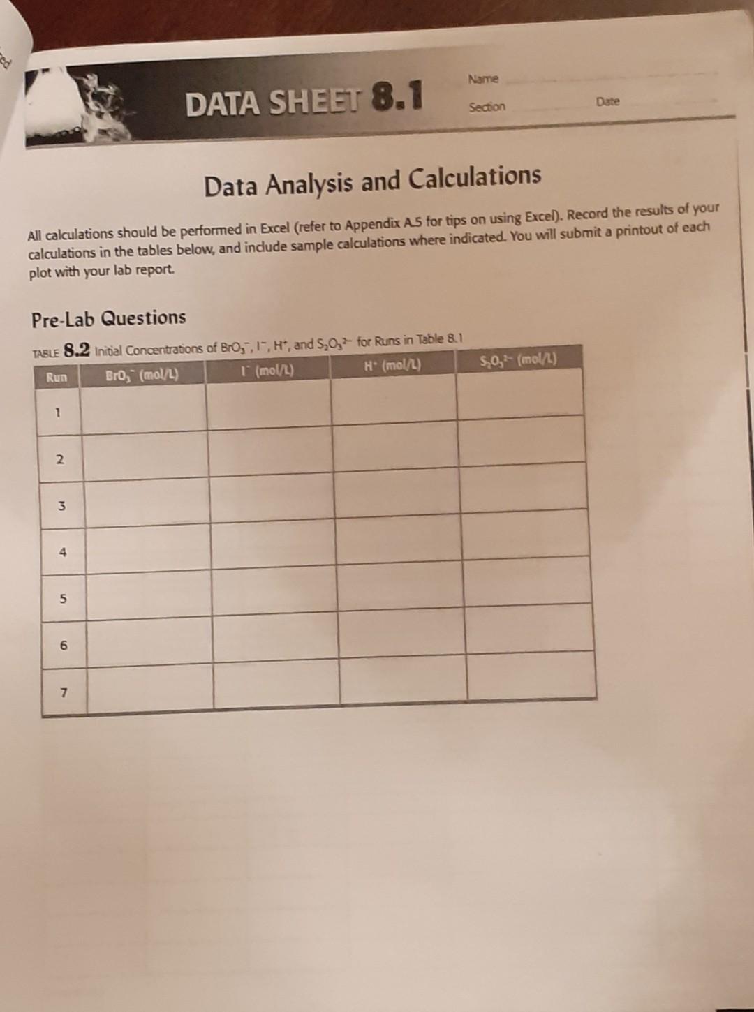 Name DATA SHEET 8.1 Section Date Data Analysis and | Chegg.com