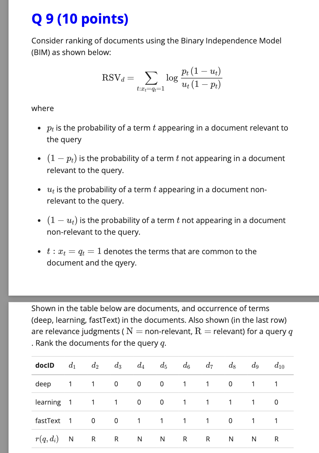 Solved Q 9 (10 ﻿points)Consider ranking of documents using | Chegg.com
