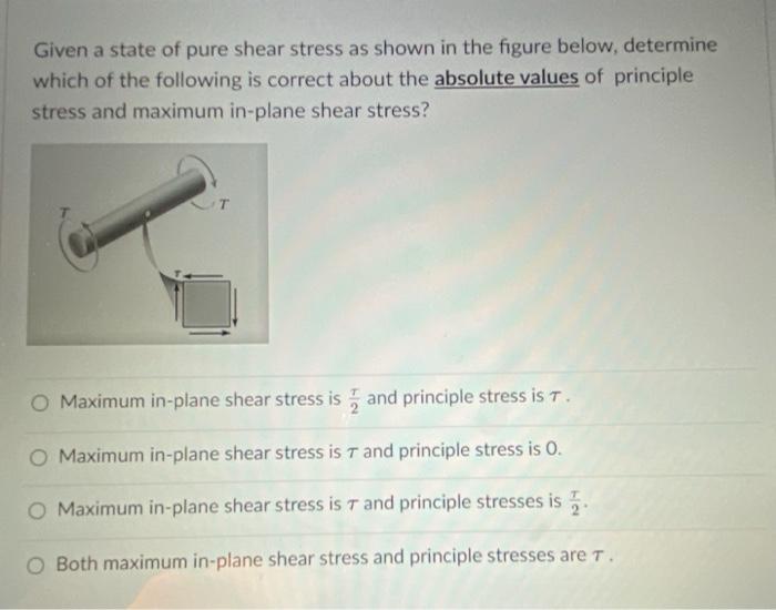 Solved Given a state of pure shear stress as shown in the | Chegg.com
