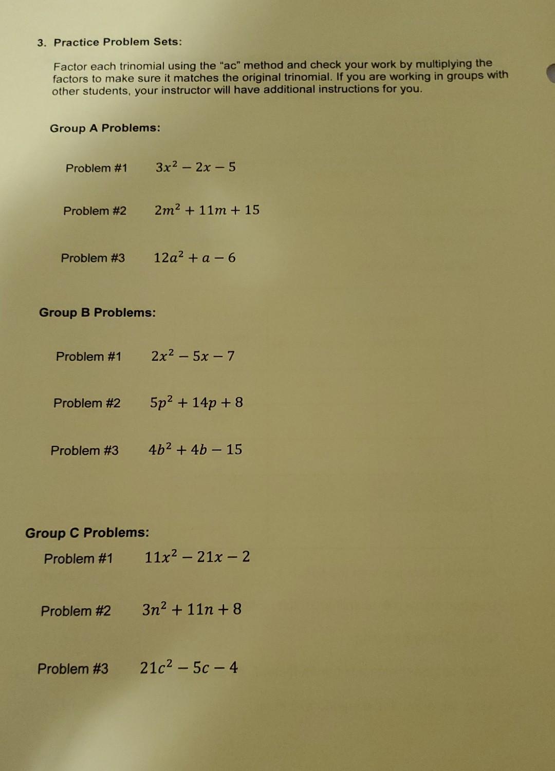 Solved Math 95 Name: Factoring by Grouping and "ac" Method | Chegg.com