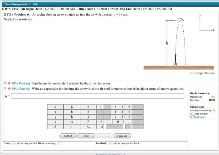 Solved Class Management | Help HW 5: Free Fall Begin Date: | Chegg.com