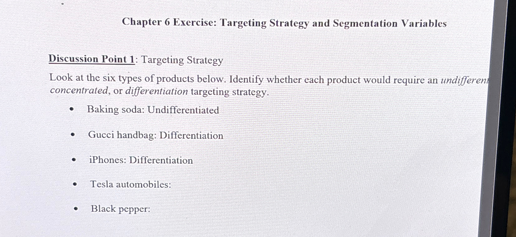 Solved Chapter 6 ﻿Exercise: Targeting Strategy and | Chegg.com