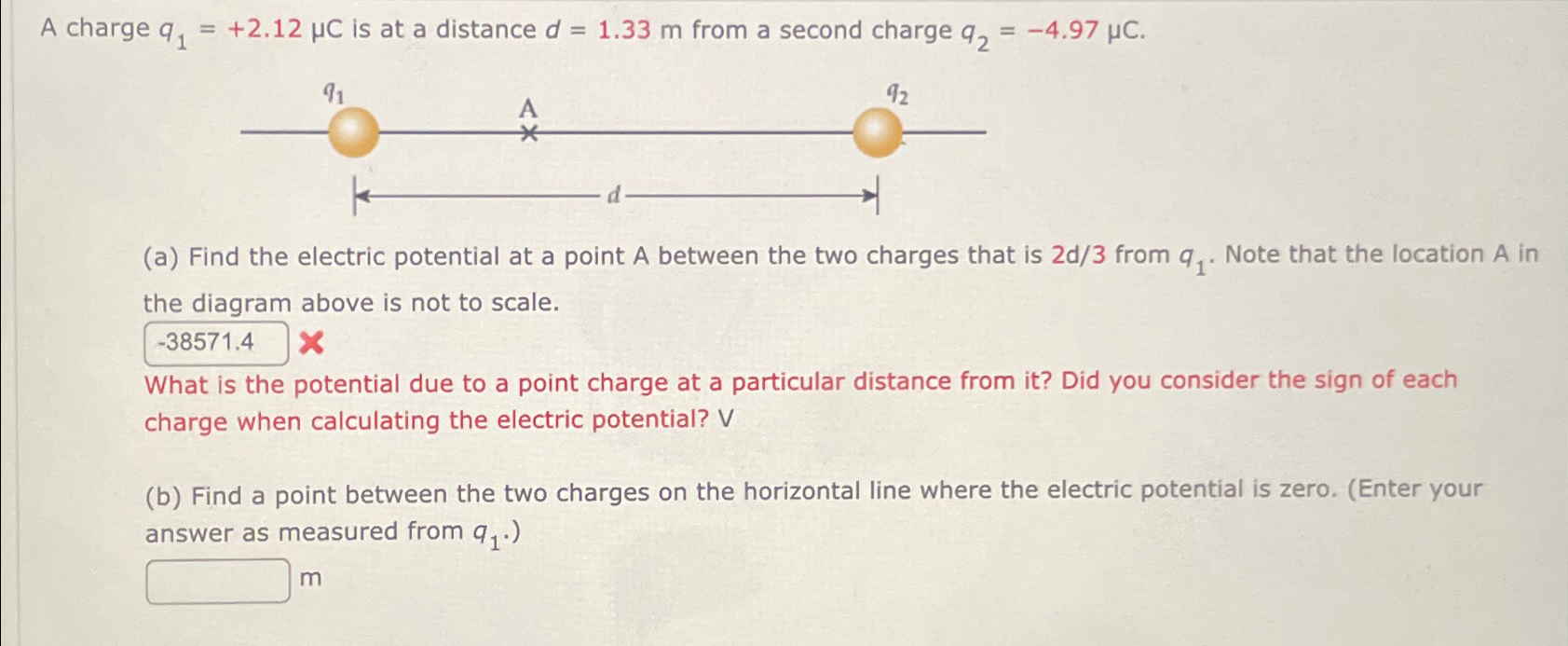 Solved A charge q1=+2.12μC ﻿is at a distance d=1.33m ﻿from a | Chegg.com