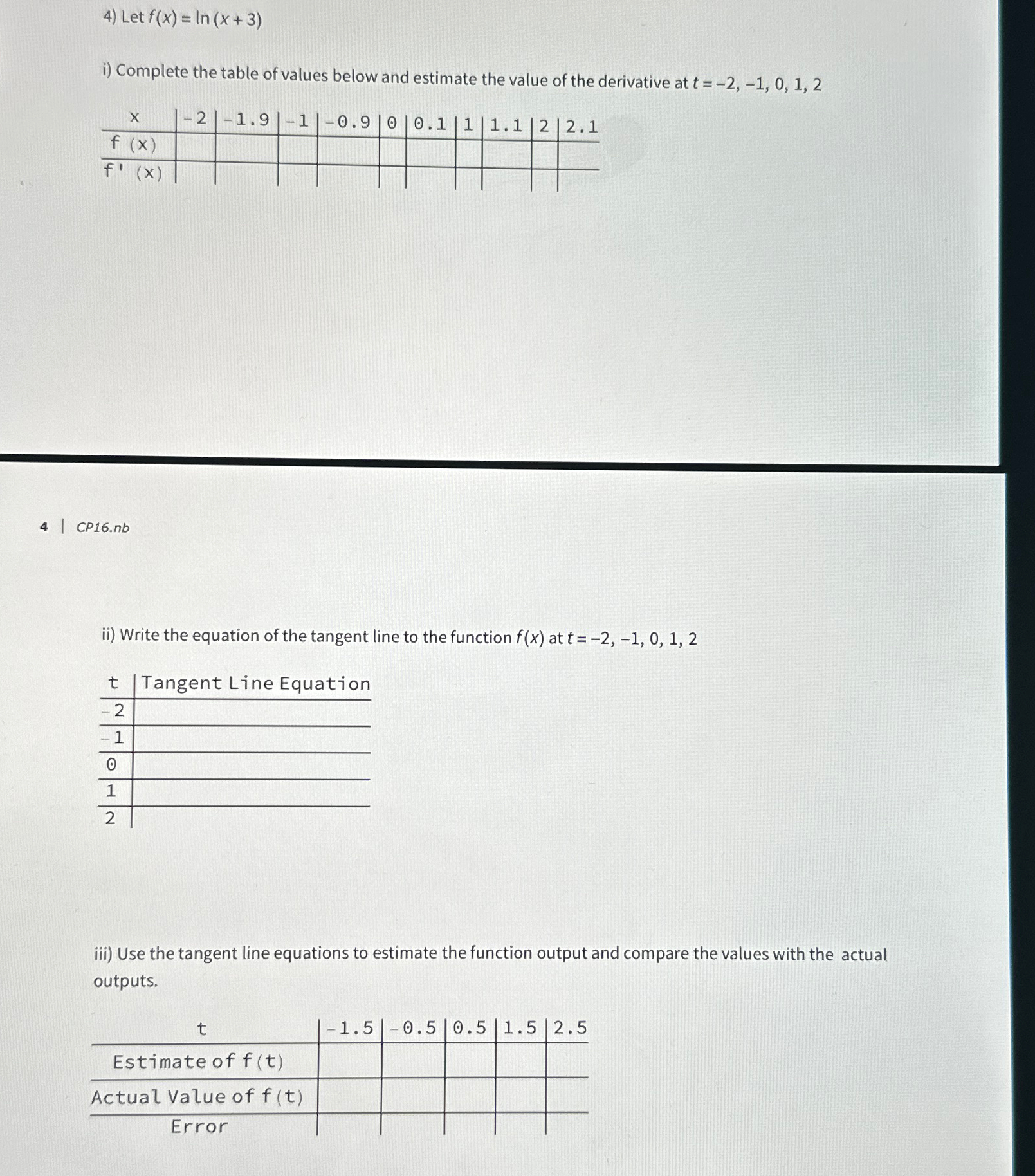 Solved Let f(x)=ln(x+3)i) ﻿Complete the table of values | Chegg.com