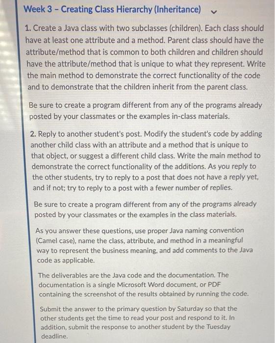 Solved 1. Create a Java class with two subclasses | Chegg.com