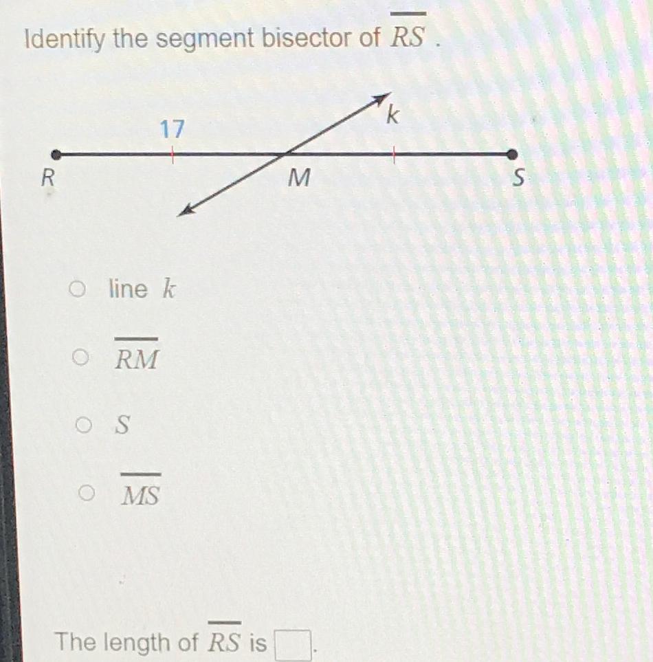 Solved Identify the segment bisector of ?bar (RS).line | Chegg.com