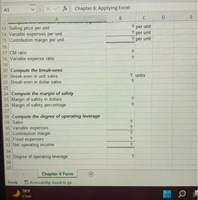 Solved A1 fx Chapter 6: Applying Excel Ready | Chegg.com