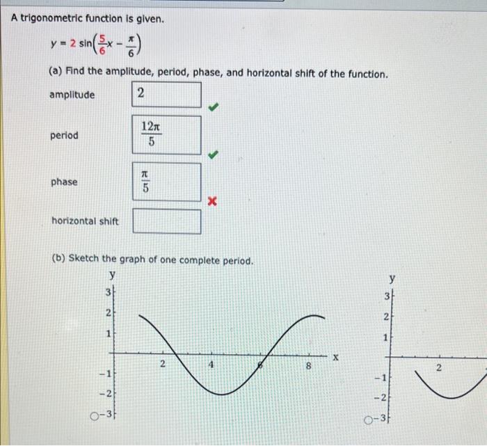 Solved A trigonometric function is given. y=2sin(65x−6π) (a) | Chegg.com