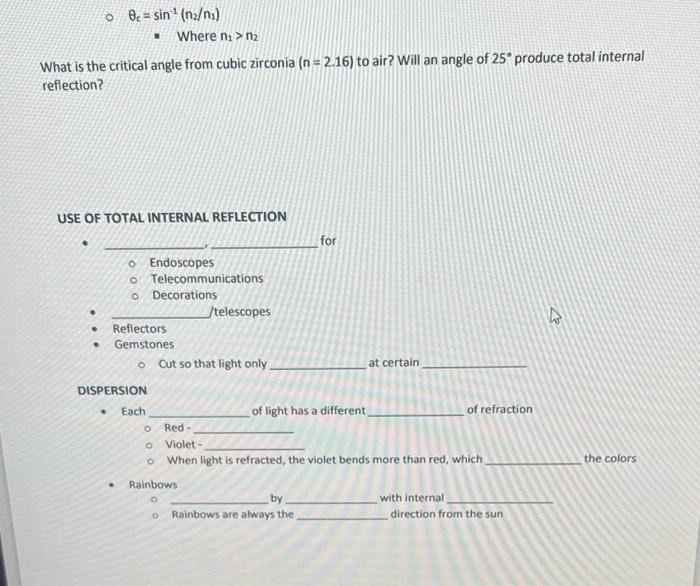 Solved θc=sin−1(n2/n1) - Where n1>n2 What is the critical | Chegg.com