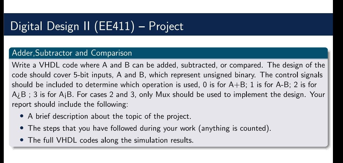 Solved Adder,Subtractor and Comparison Write a VHDL code | Chegg.com